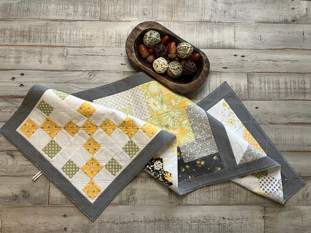 Table Runner, Handmade, Buttercup and Slate, Reversible, Hexi Print ...