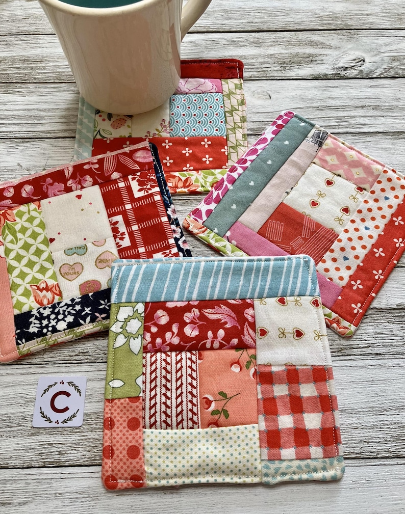Mug Mats, Set of 4, Scrappy, Valentine, Spring, Fabric Coasters ...