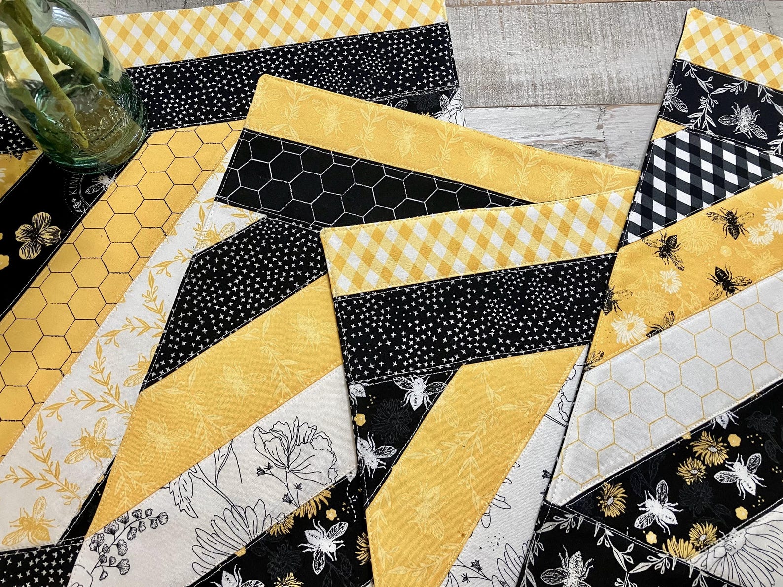 Place Mats, Set of 4, Bee Themed, Bee Hive, Black, Yellow, Handmade ...
