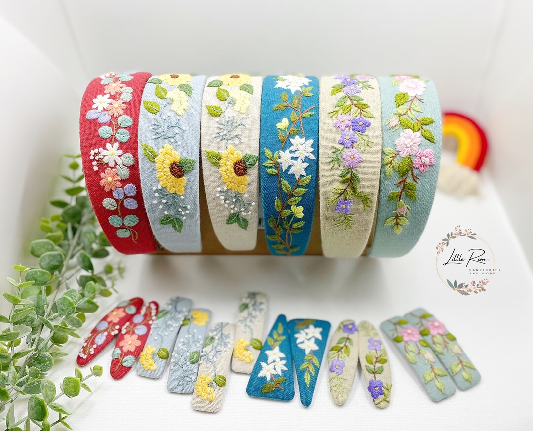 3 PCS Set Headband and Hair Clips, Hand-embroidered Floral Headband and ...