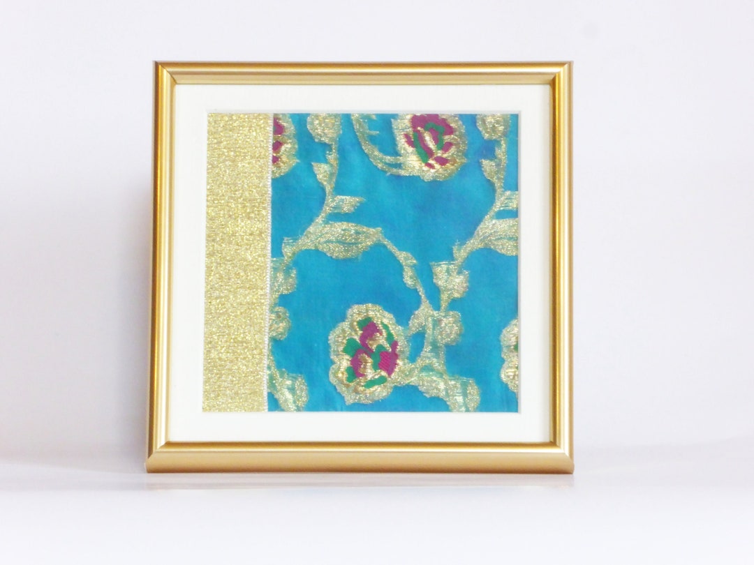 Framed Sari Fabric Pieces in a Small Gold Frame, Unusual Turquoise Blue ...