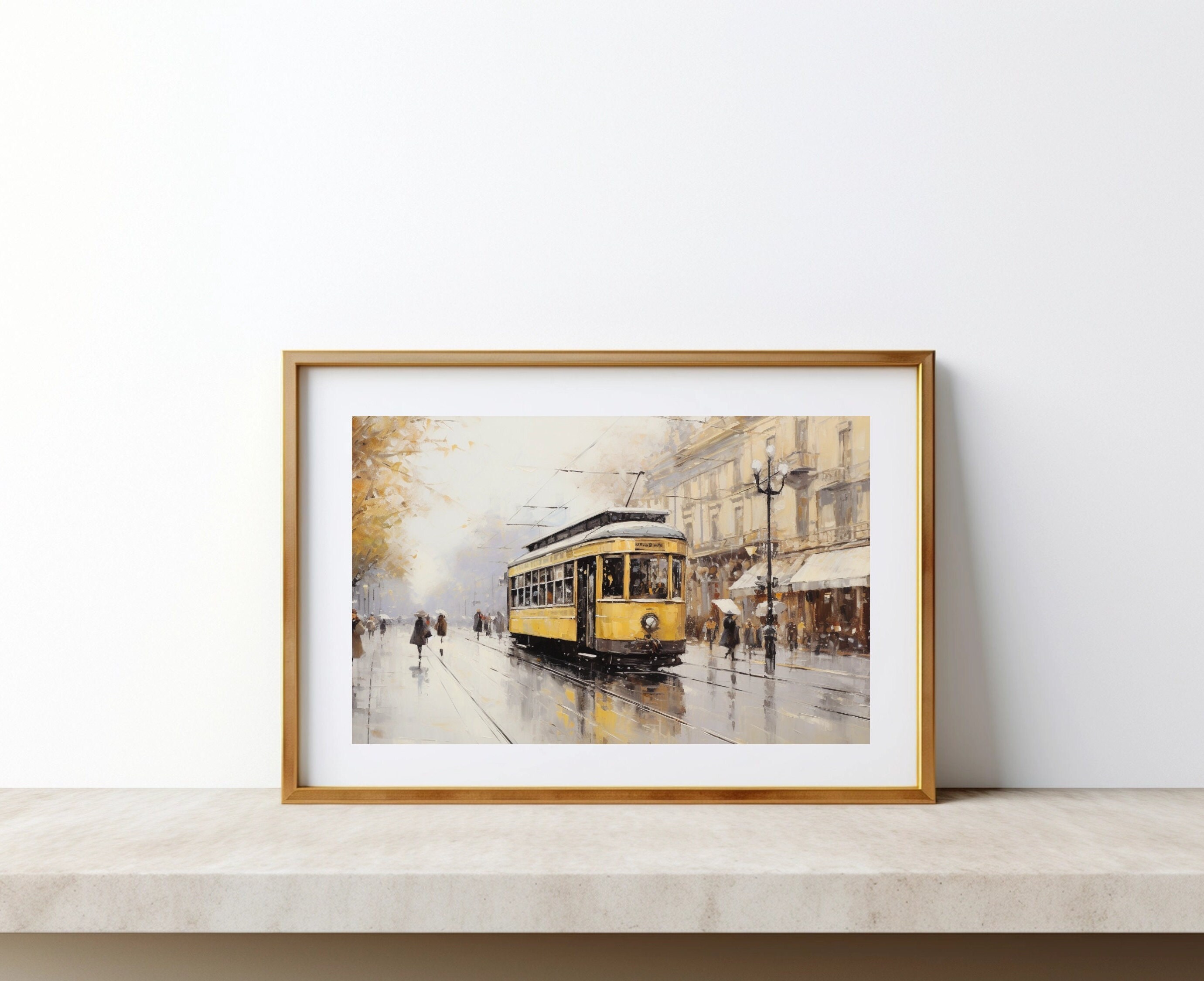 Classic Yellow Trolley City Landscape - Oil Painting Style Digital ...