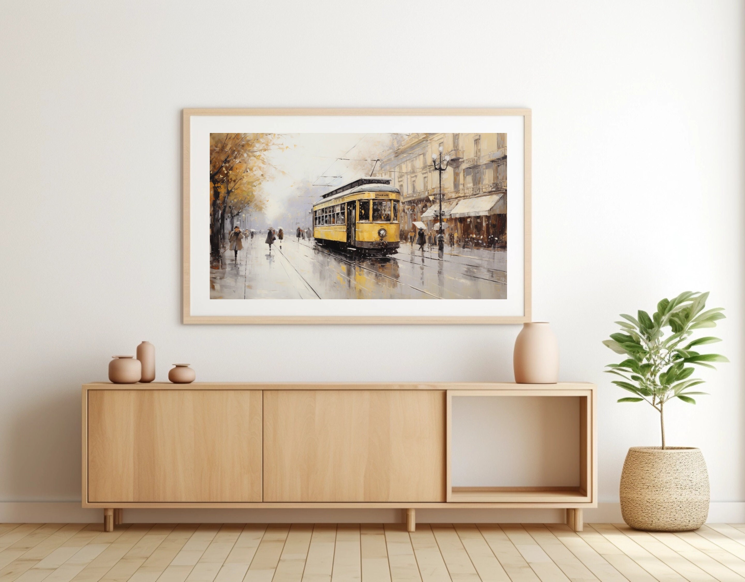 Classic Yellow Trolley City Landscape - Oil Painting Style Digital ...