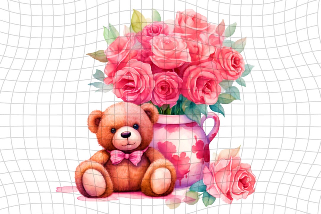 Pink Flowers and Teddy Bear - Valentine Clipart - PNG Digital Clipart ...