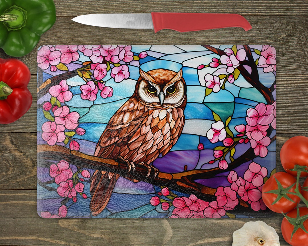Glass Cutting Board Sublimation - Stained Glass Owl in Cherry Blossom ...