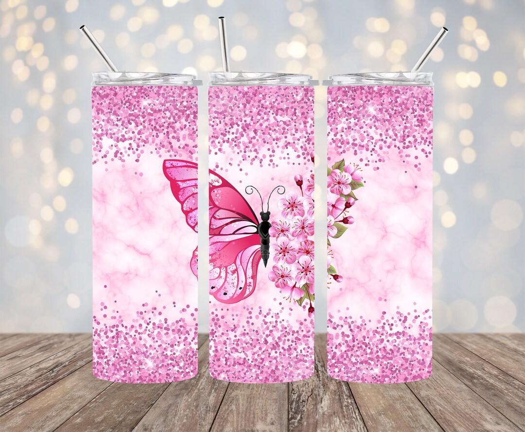 20oz Sublimation - Pink Flowered Butterfly - Straight Tumbler Wrap ...