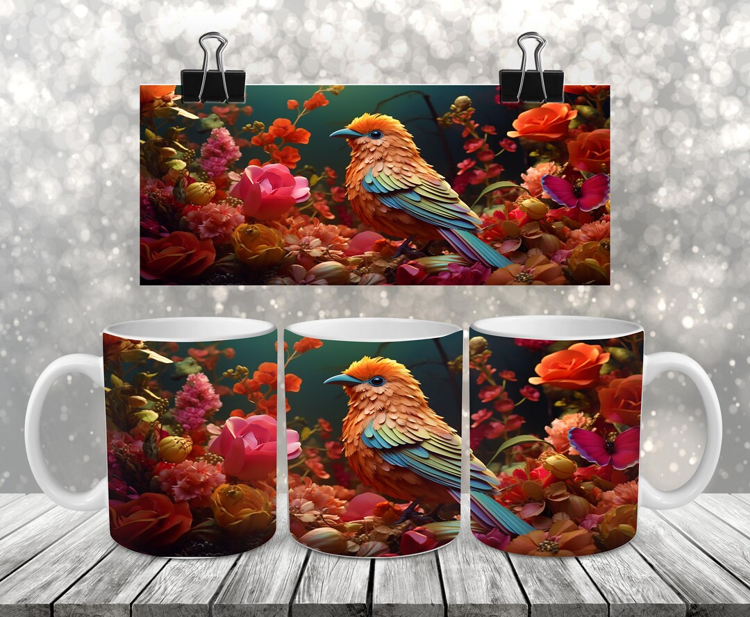 Sublimation Coffee Mug - 3D Orange Bird and Flowers - Coffee Mug Wrap ...