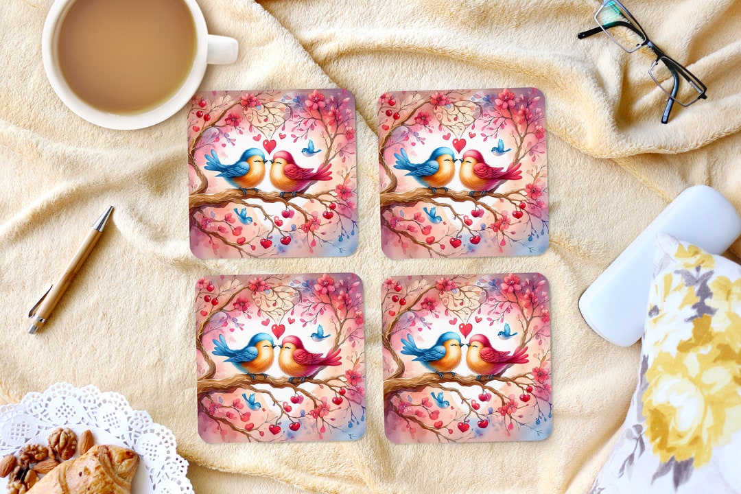 Sublimation Square Coasters - Watercolor Lovebirds - Set of 4 Coaster Design - PNG Download - Etsy