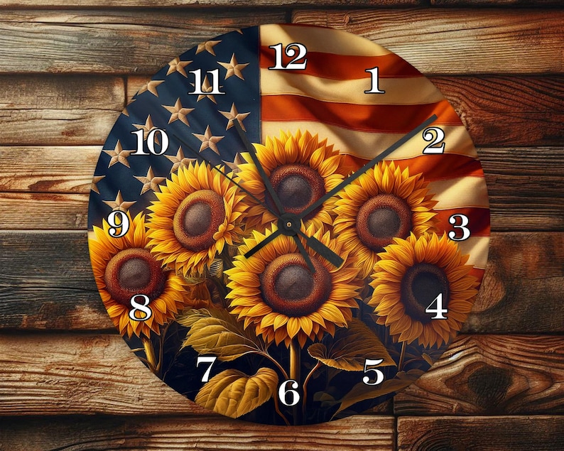 US Flag and Sunflowers - Wall Clock Design - With Numbers - PNG Design ...