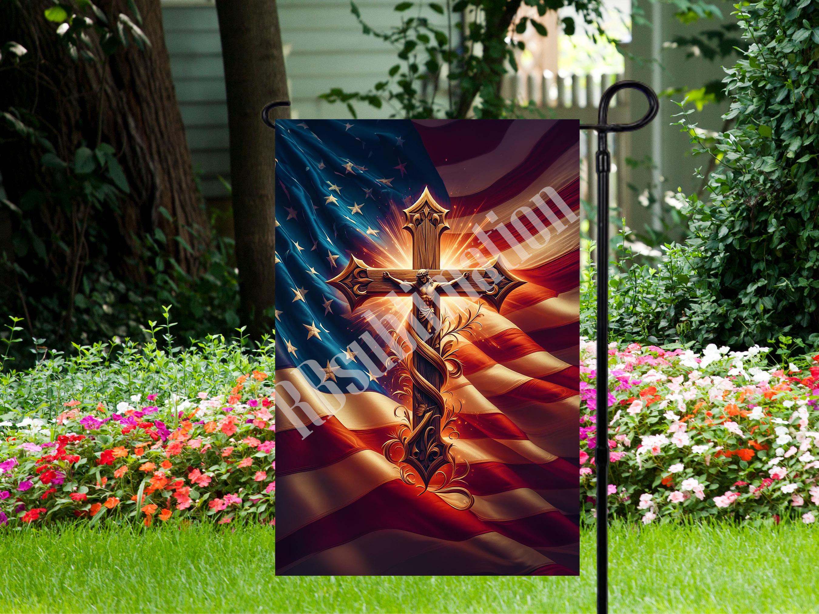 US Flag and Cross - Garden Flag 12"x 18" - Sublimation Garden Flag ...