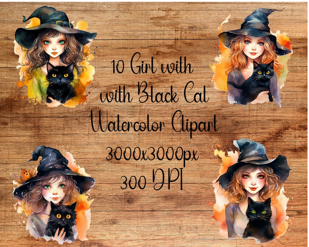 Watercolor Clipart - Witch With Black Cat - Digital Clipart - 10 PNG ...