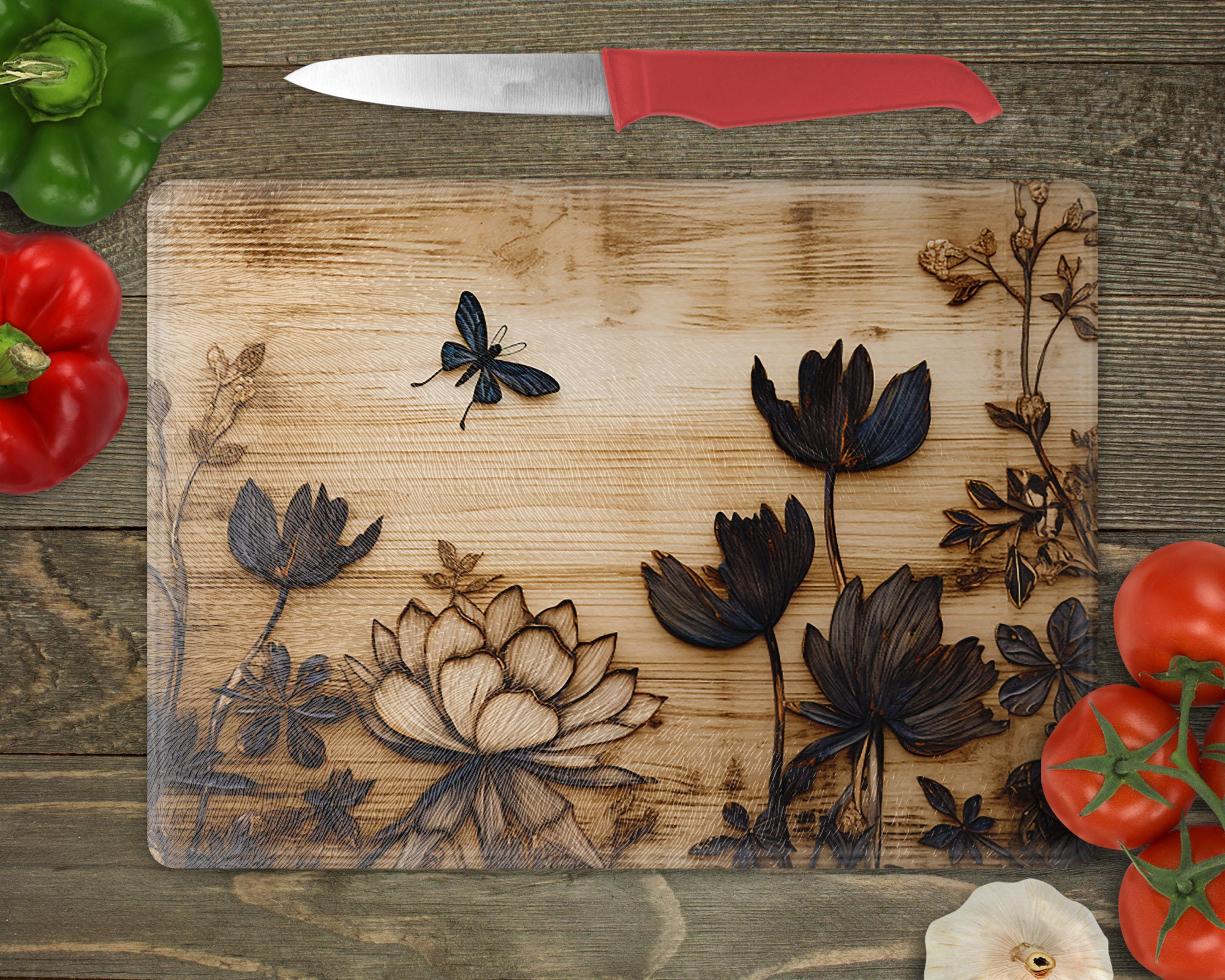 Glass Cutting Board Sublimation wood Burned Lotus Flowers Cutting Board ...