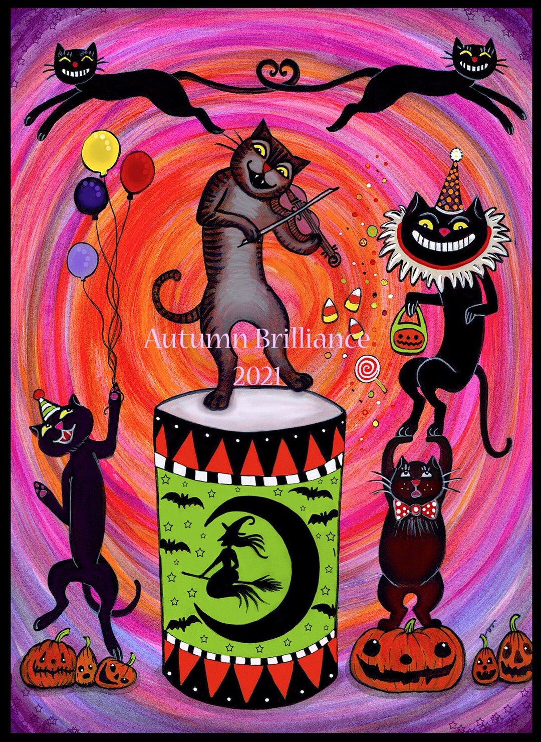 Kitty Halloween Party - DIGITAL One of a Kind Original Painting Vintage ...