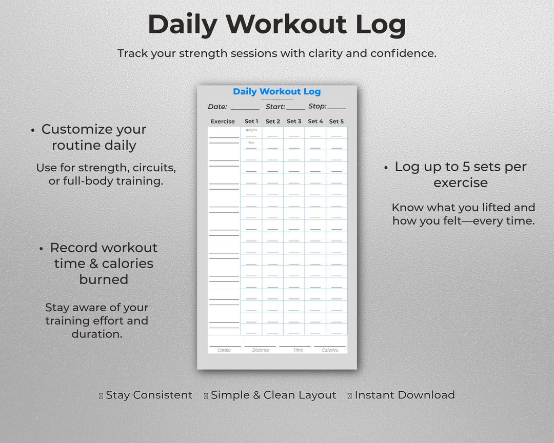 Daily Workout Log | Printable Exercise & Strength Training Tracker PDF ...
