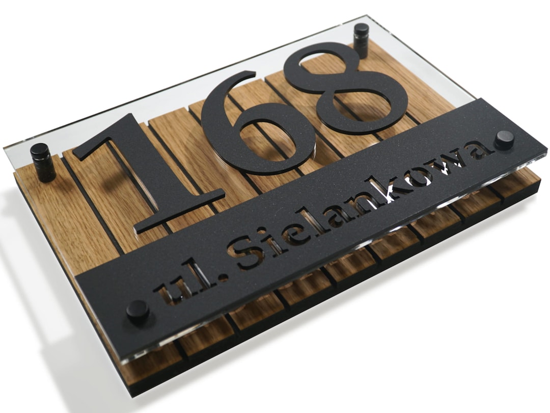 House Number Sign Modern Oak House Number Plaque With Black Digits ...