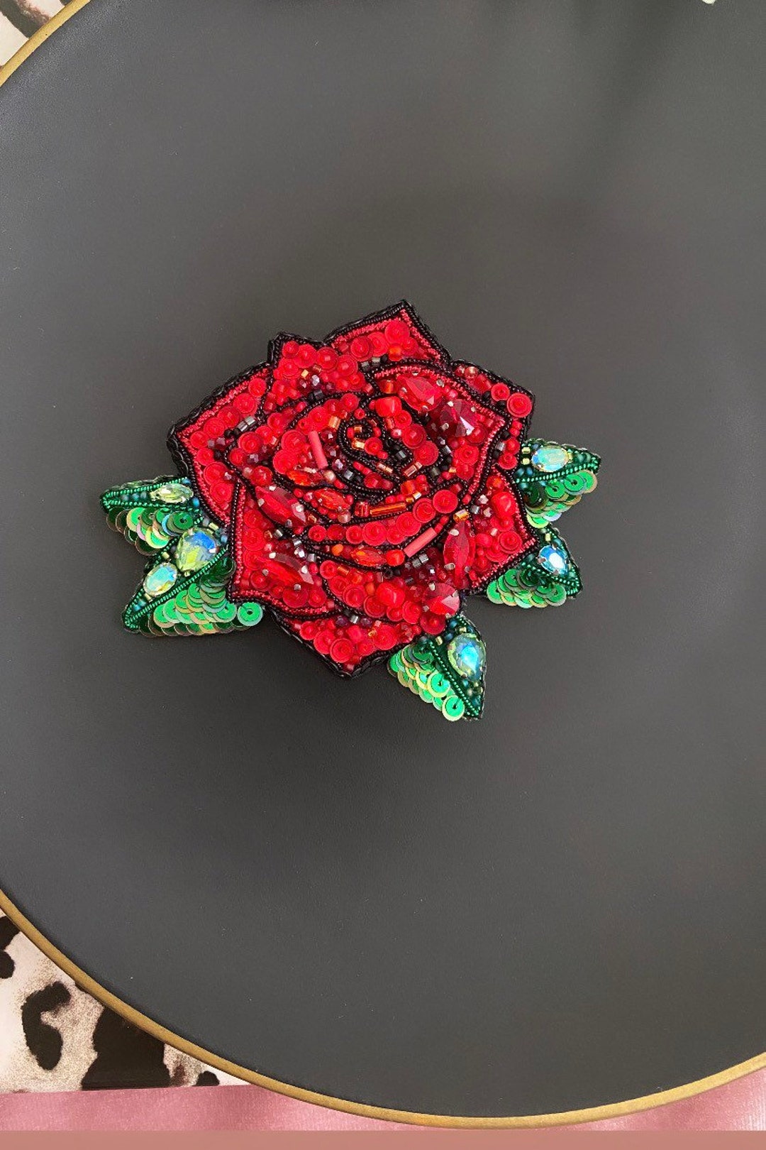Embroidered Red Rosebeaded Crystal Rose Broochunique - Etsy