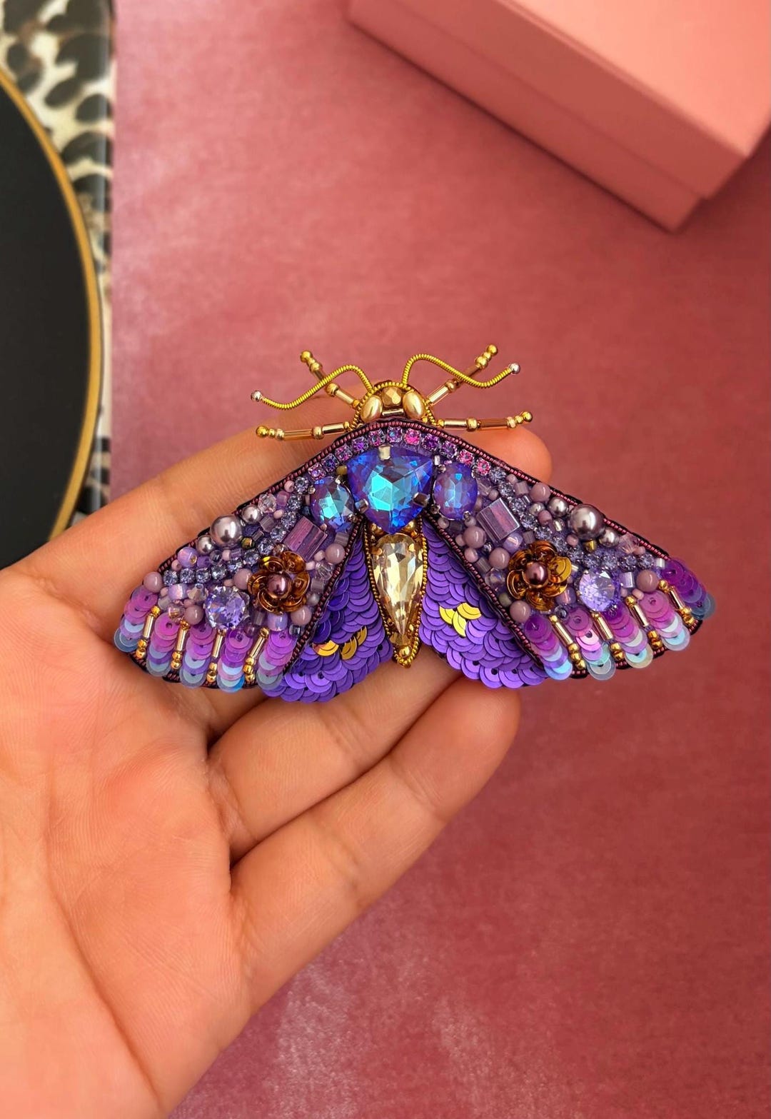 Handmade Moth Brooch, Purple Butterfly Pin, Embroidered Moth, Insect ...