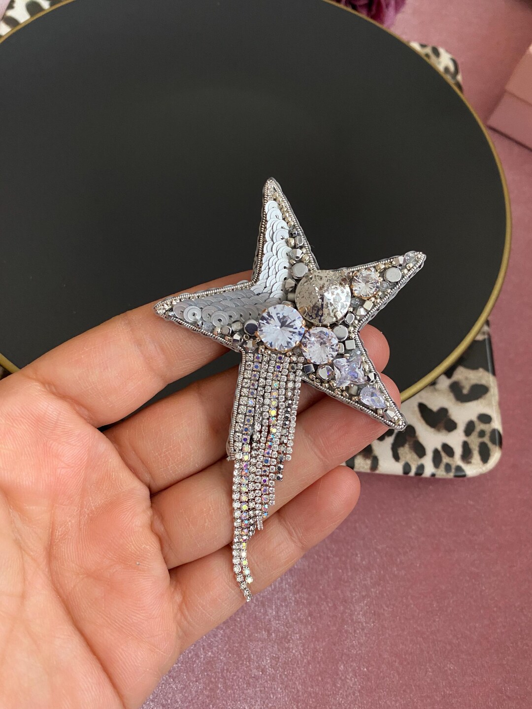Embroidered Star Brooch: Silver Comet Pin With Swarovski Crystals - Etsy