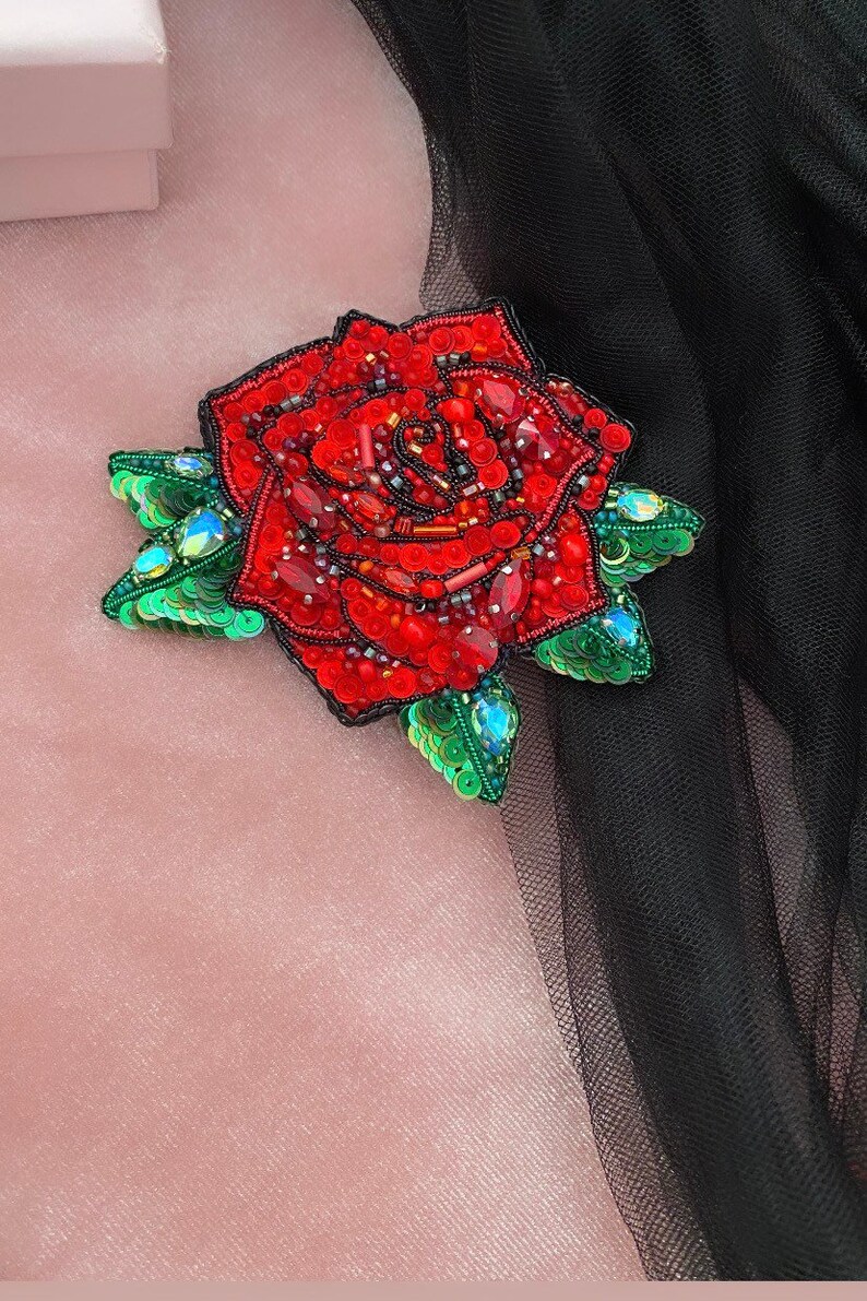 Embroidered Red Rose,beaded Crystal Rose Brooch,unique Ornament Flower ...