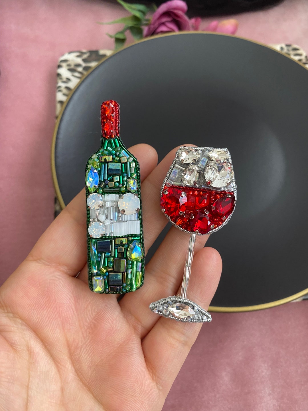 Wine Dual Jewelry, Shot Glass Jewel, Beaded Brooch, Handmade Gift ...