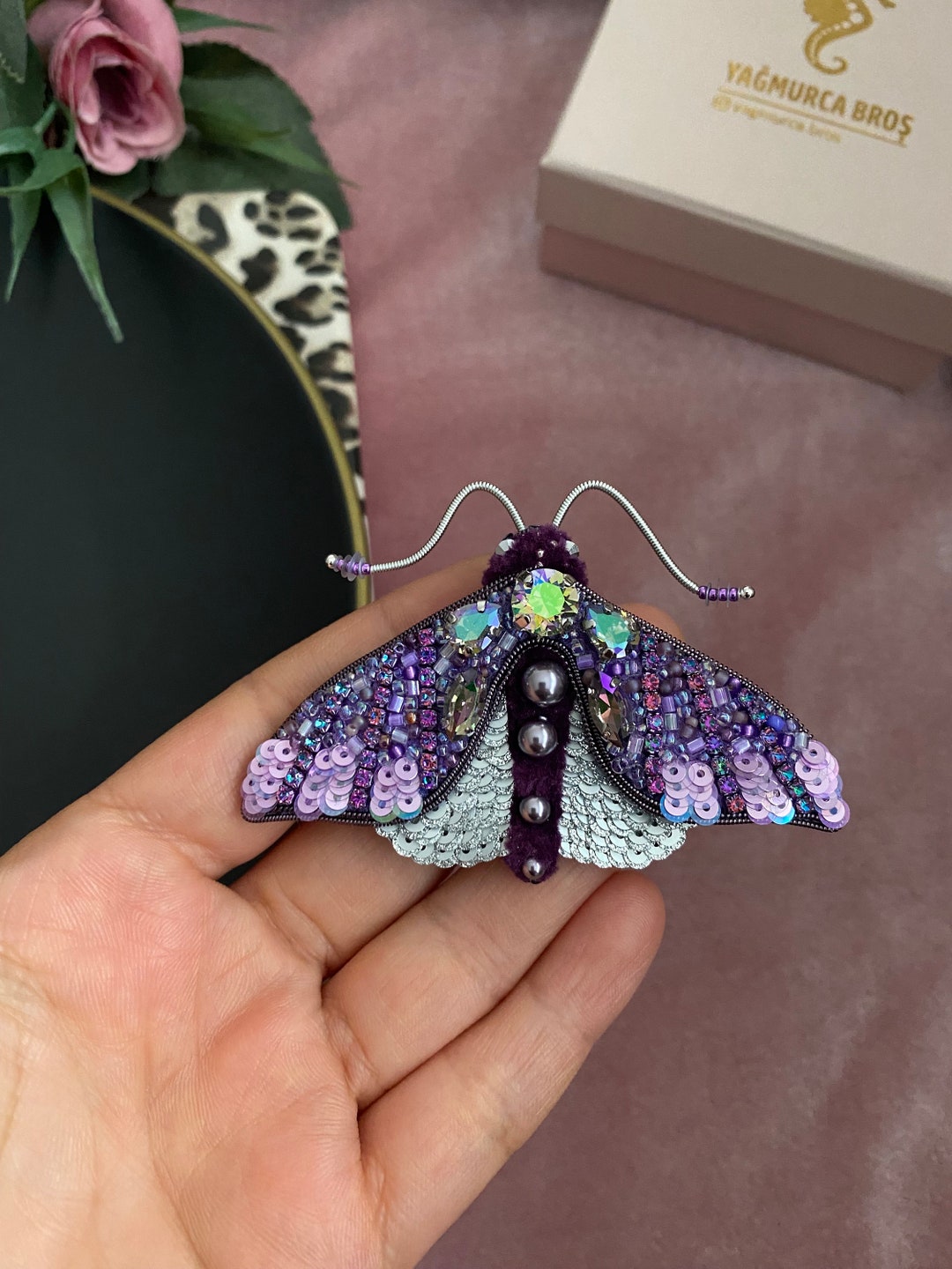 Handmade Moth Brooch, Purple Butterfly Pin, Embroidered Moth, Insect ...