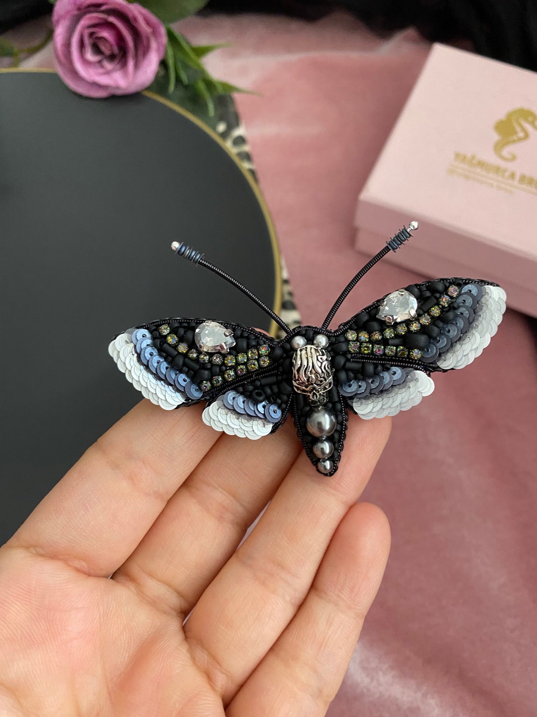 Handmade Moth Brooch, Black Insect Pin, Embroidered Jewelry, Beaded ...