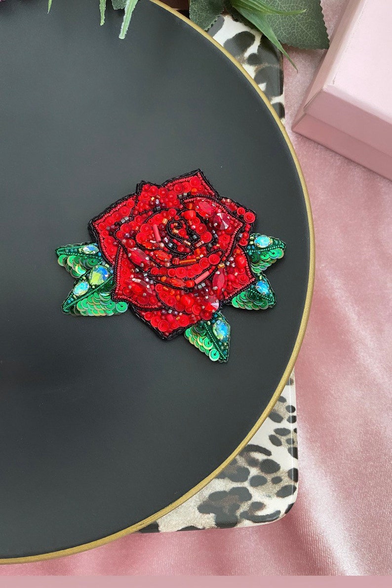Embroidered Red Rosebeaded Crystal Rose Broochunique - Etsy