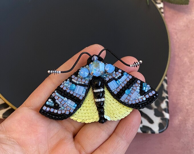 Handmade Moth Brooch, Blue Butterfly Pin, Embroidered Moth, Insect ...