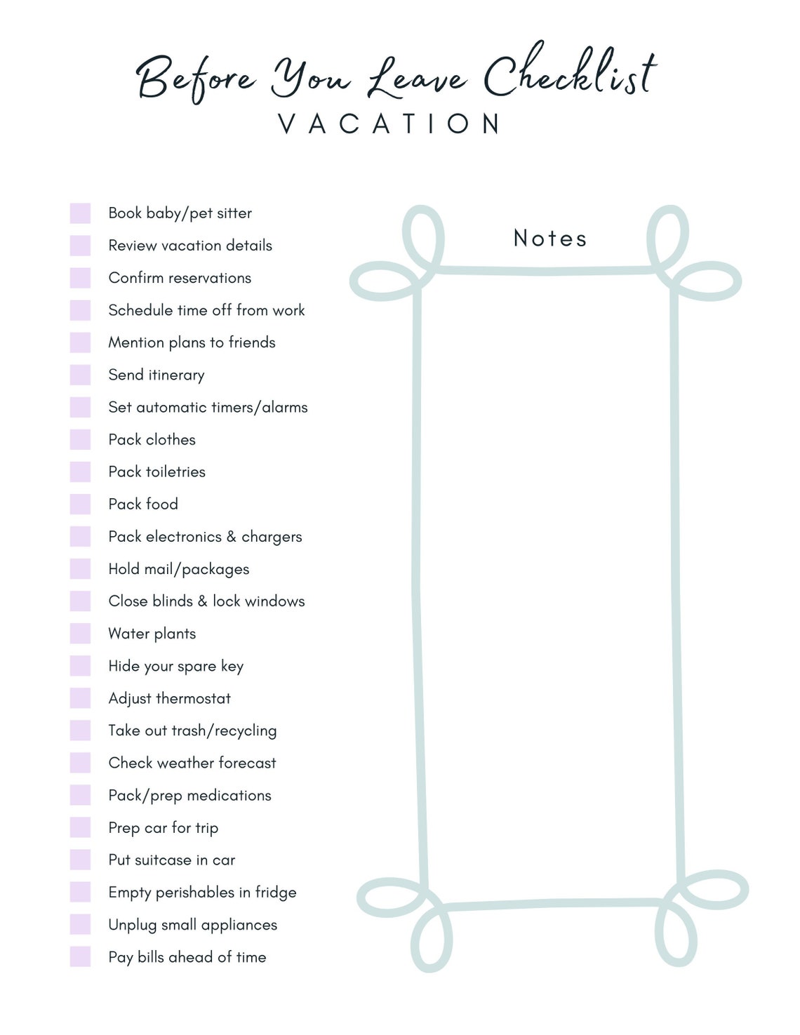 Pre Vacation Checklist - Printable - Etsy