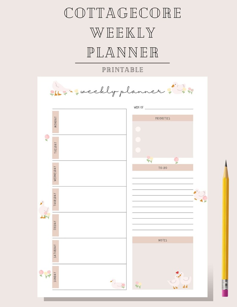 Cottagecore Weekly Planner, Printable Planner Cute Duck Planner Notepad ...