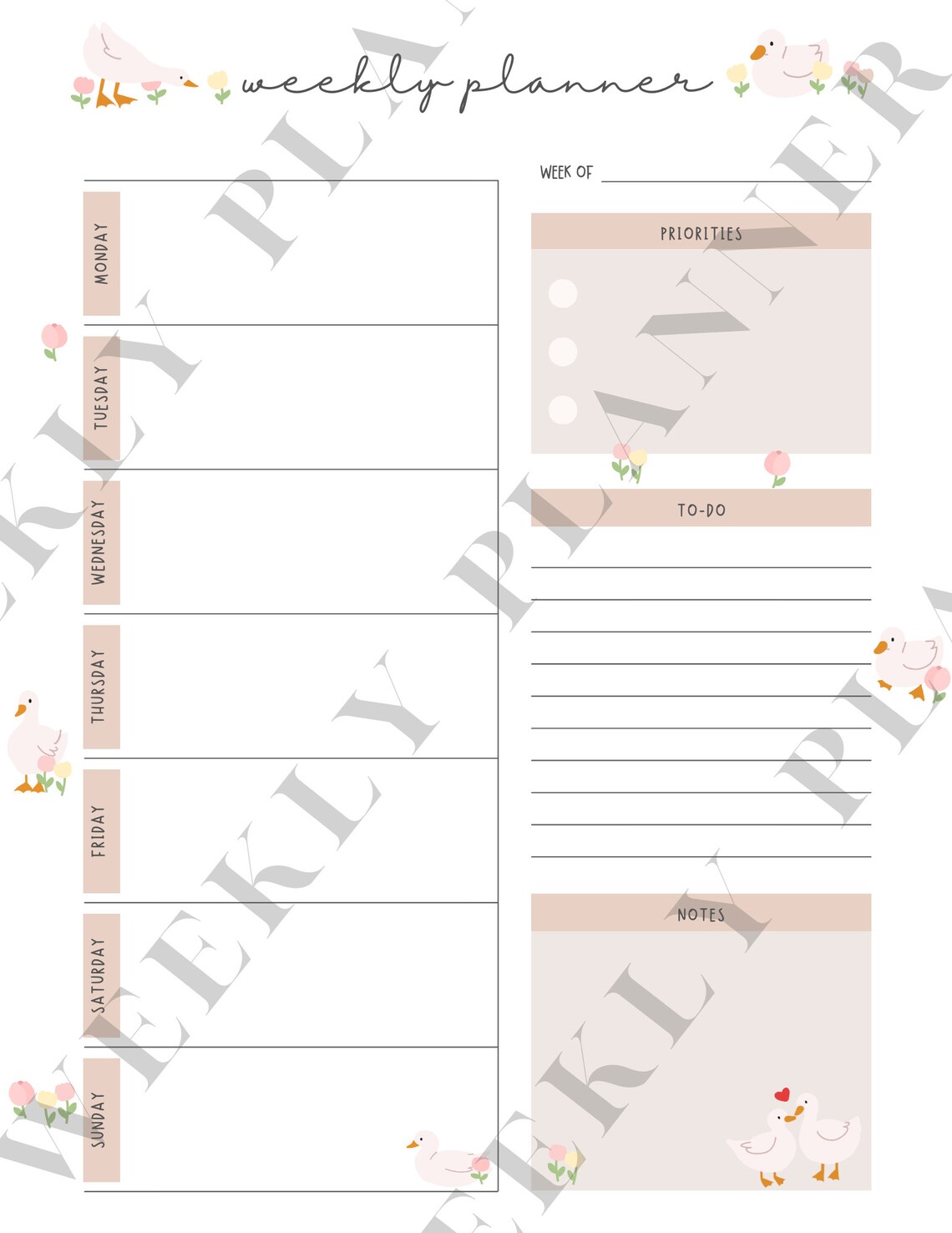 Cottagecore Weekly Planner, Printable Planner Cute Duck Planner Notepad ...