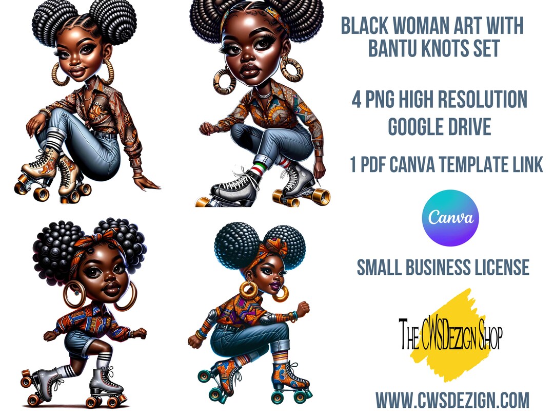 Black Woman Art With Bantu Knots Roller Skating Urban Art Ankara Art ...