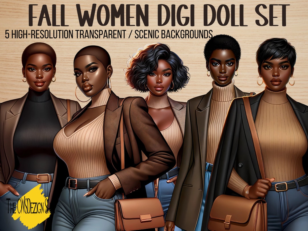 Fall Women Digi Doll Set | Black Woman Ai Art | Black Girl Clipart | Ai Image Bundle | Sweater ...