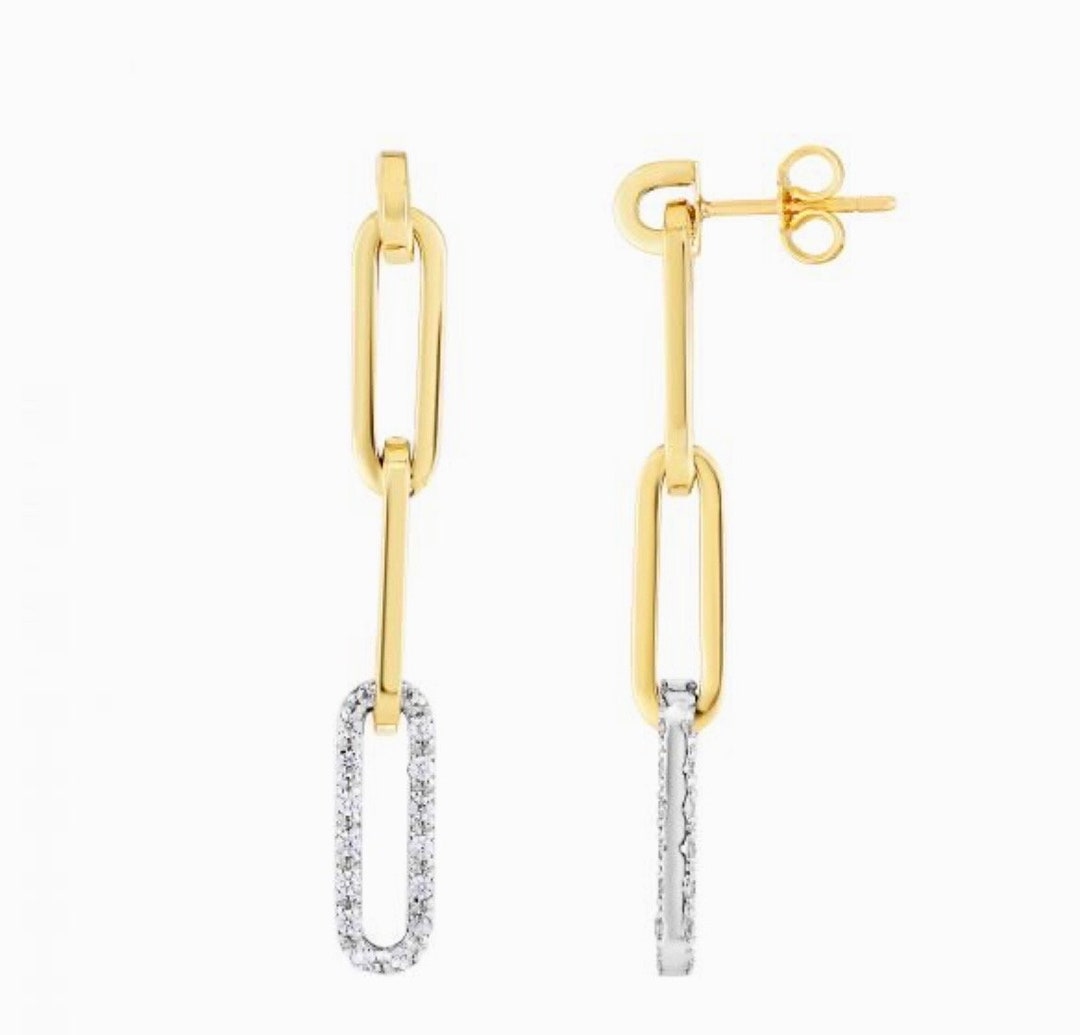 14K Paperclip Link Drop Dangle Earrings, Diamond Paperclip Earrings ...