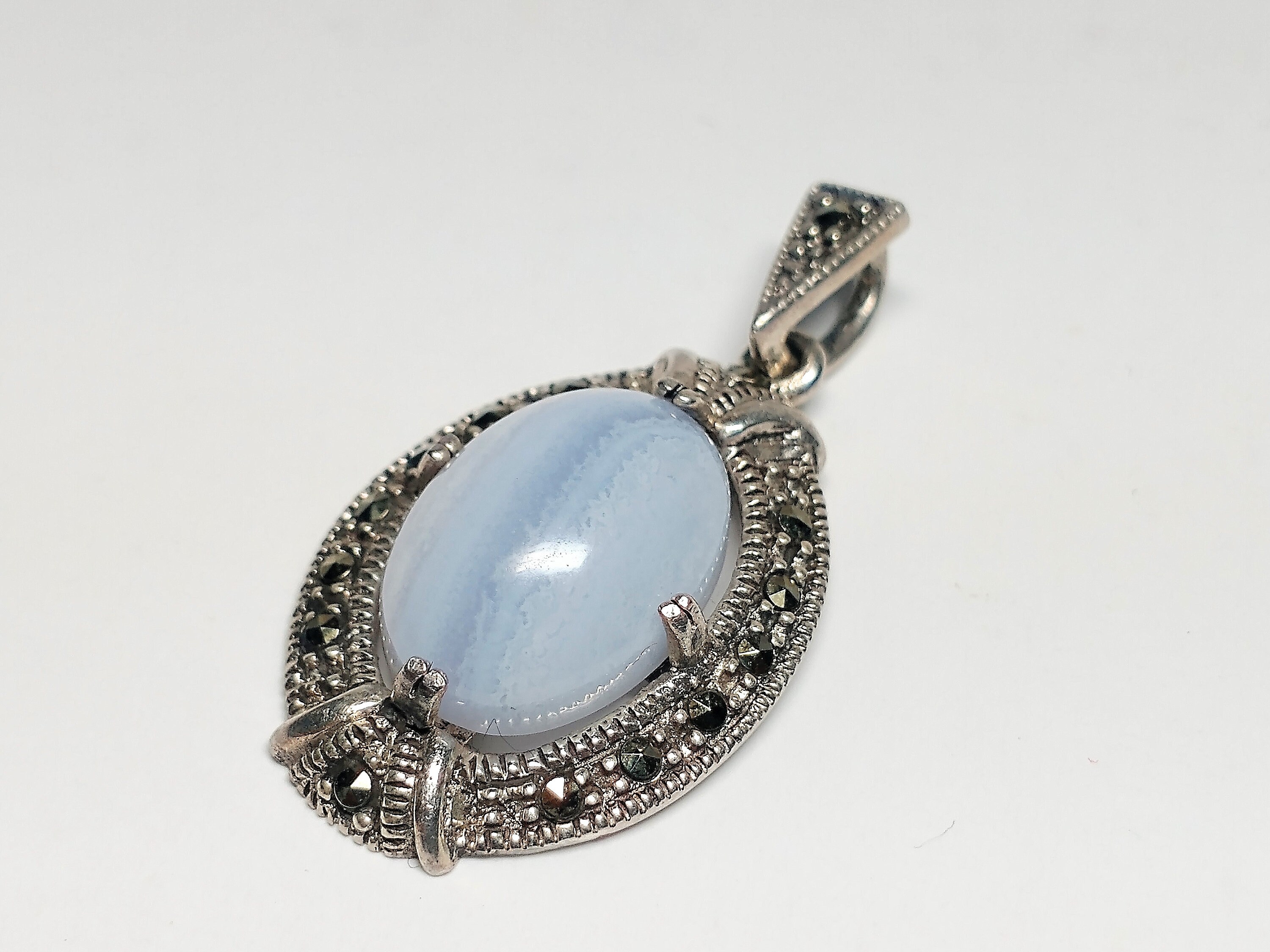 Vintage Sterling Silver Milky White and Blue Quartz With Marcasite ...
