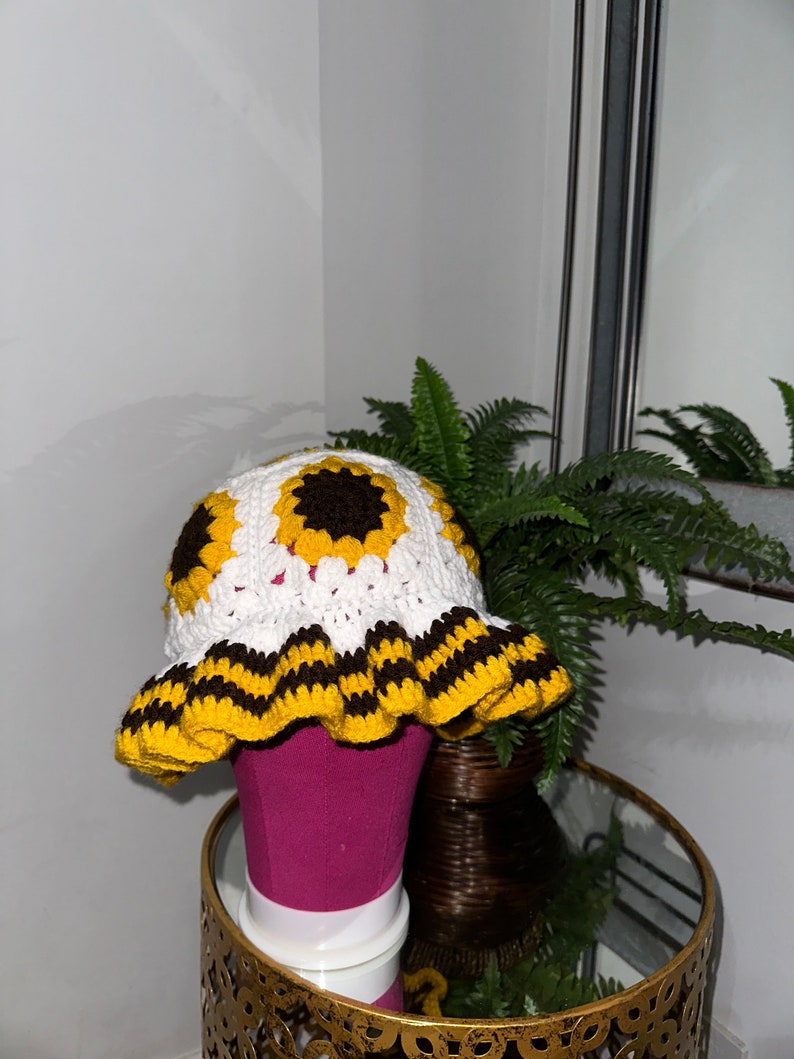 Sunflower Granny Square Crochet Bucket Ruffle Hat- White - Etsy