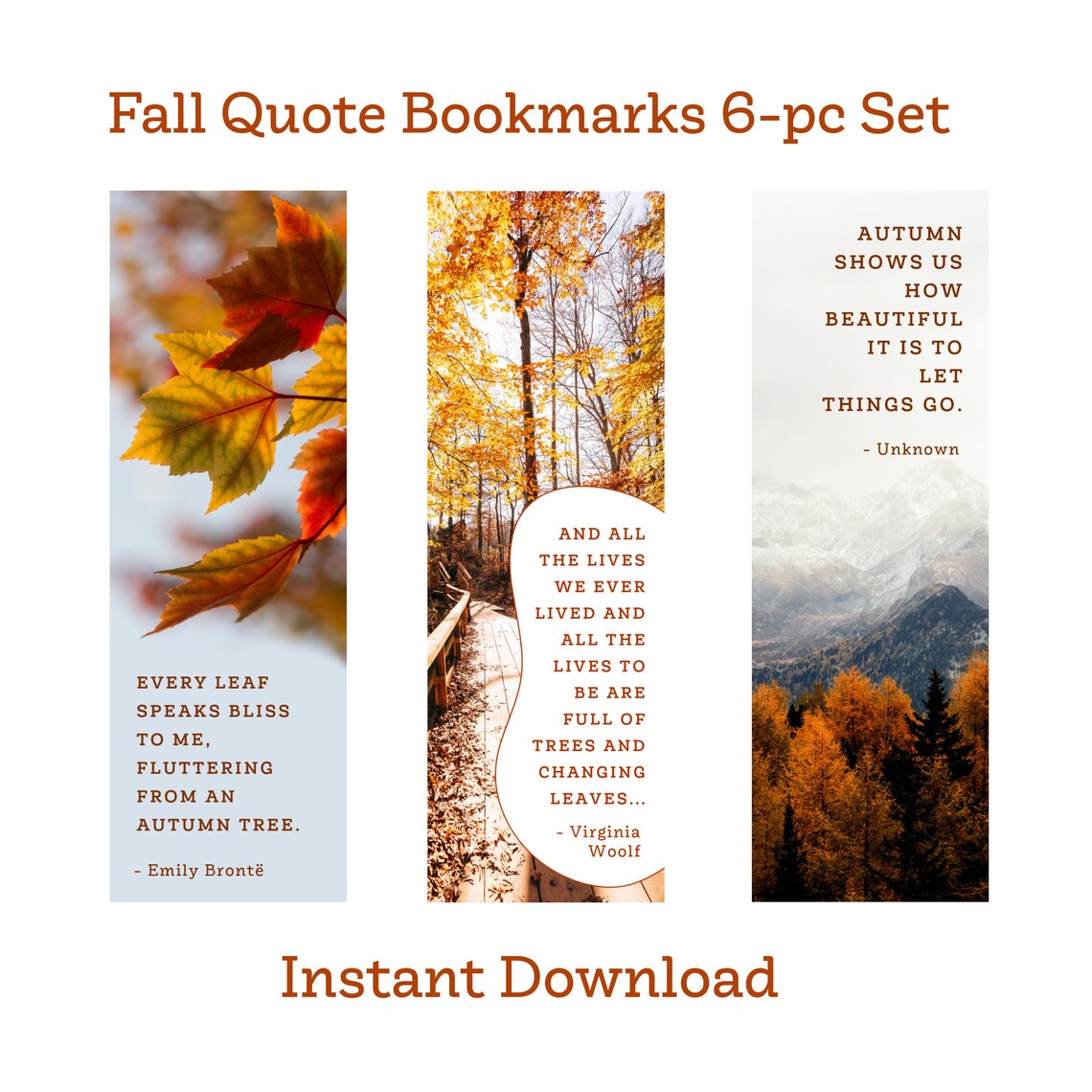 Fall Quote Bookmarks, Set of 6 Printable Fall Bookmarks, Printable ...