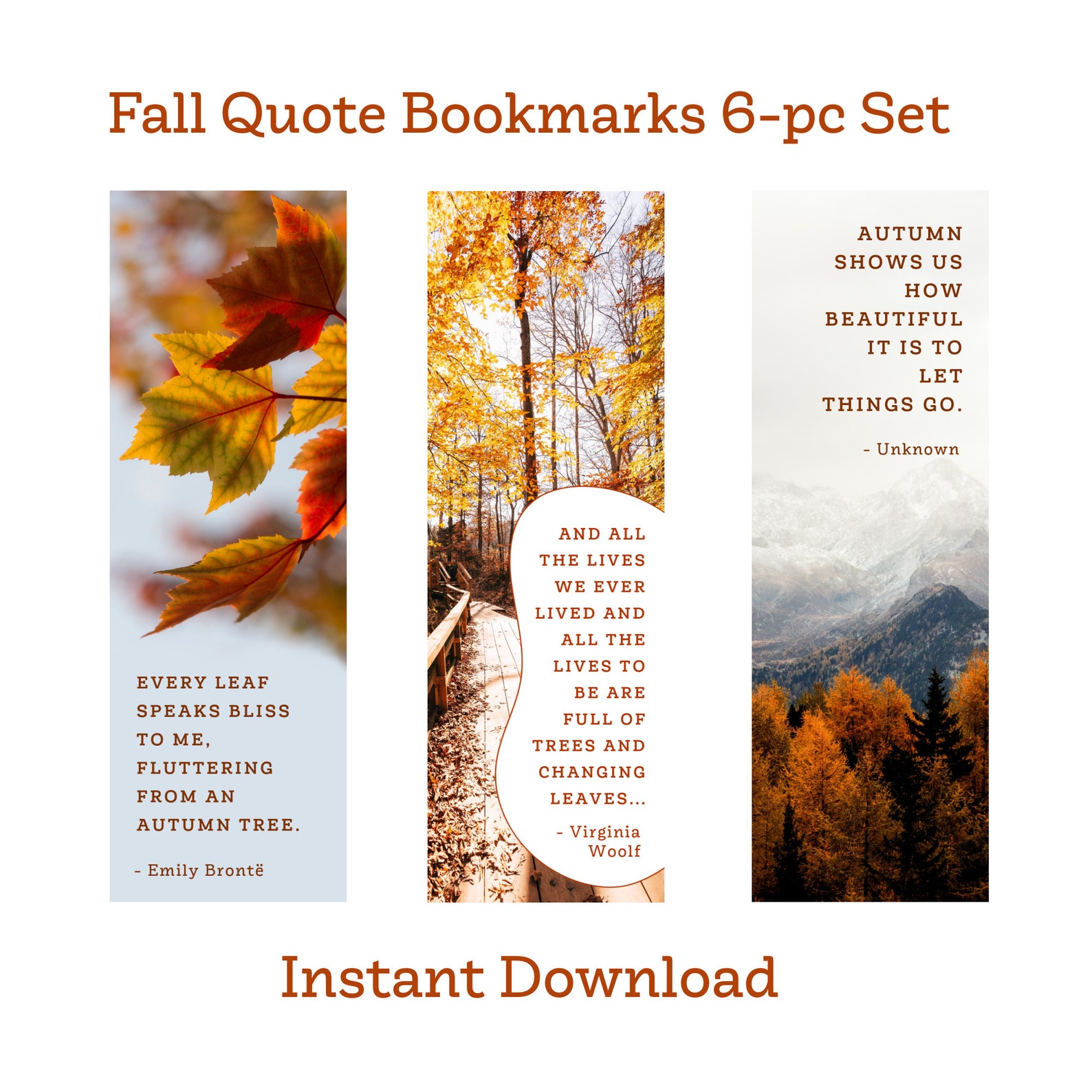 Fall Quote Bookmarks, Set of 6 Printable Fall Bookmarks, Printable ...