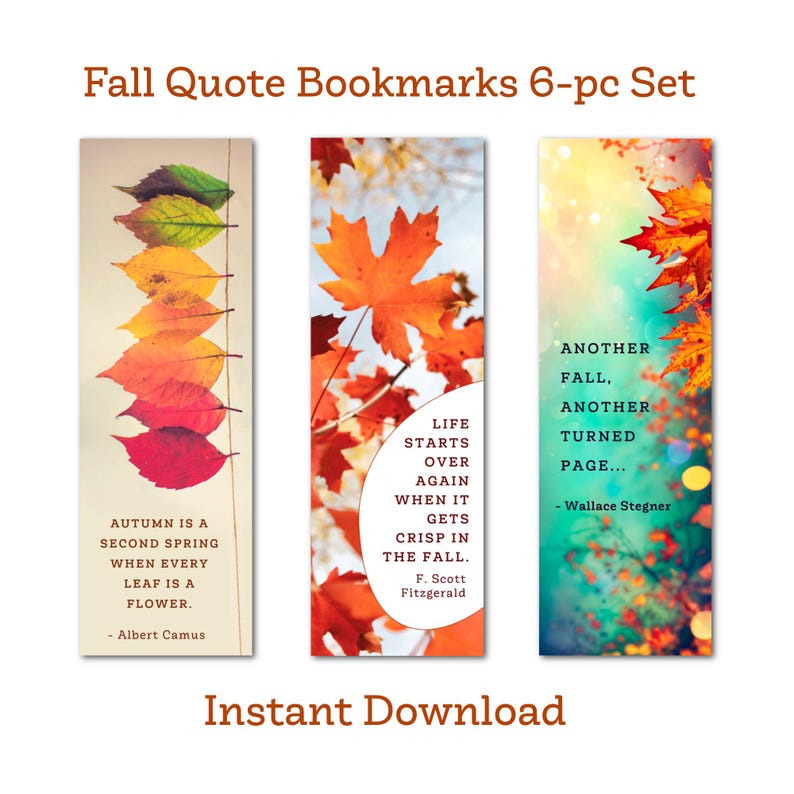 Fall Quote Bookmarks, Set of 6 Printable Fall Bookmarks, Printable ...