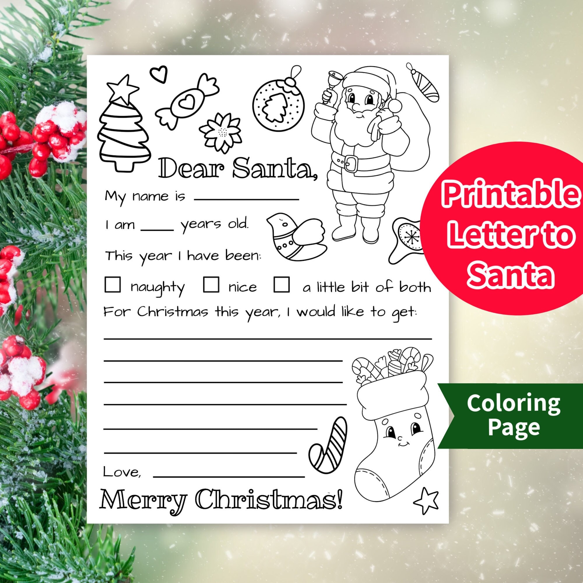 Letter to Santa Coloring Page, Letter to Santa Printable, Dear Santa ...