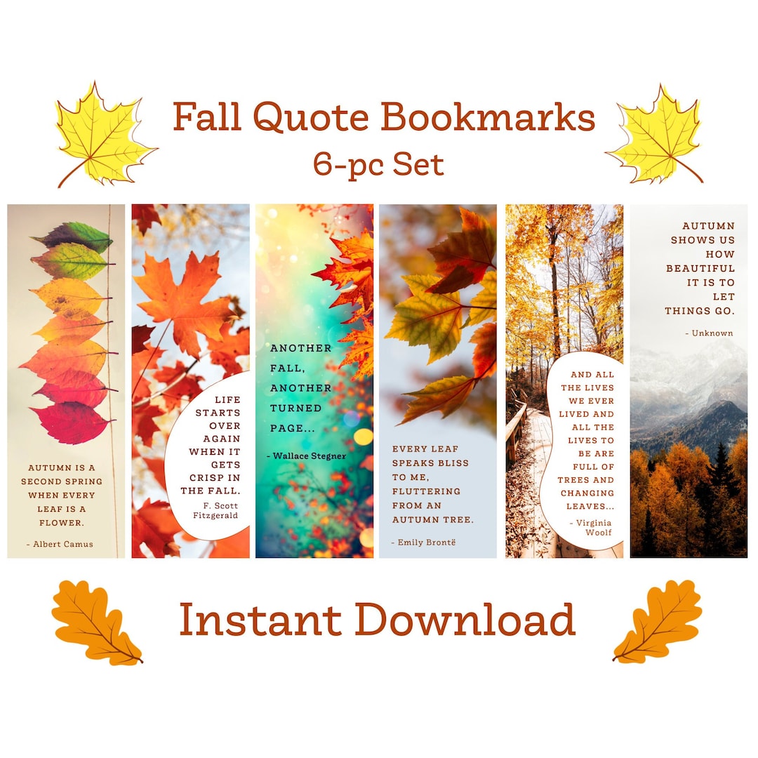 Fall Quote Bookmarks, Set of 6 Printable Fall Bookmarks, Printable ...