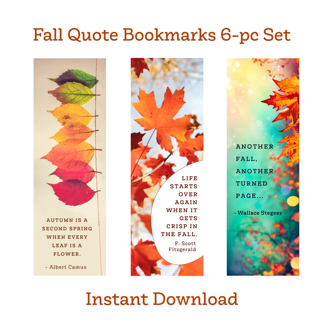 Fall Quote Bookmarks, Set of 6 Printable Fall Bookmarks, Printable ...