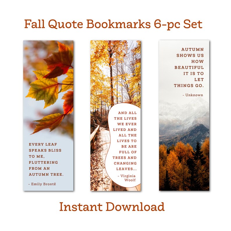 Fall Quote Bookmarks, Set of 6 Printable Fall Bookmarks, Printable ...