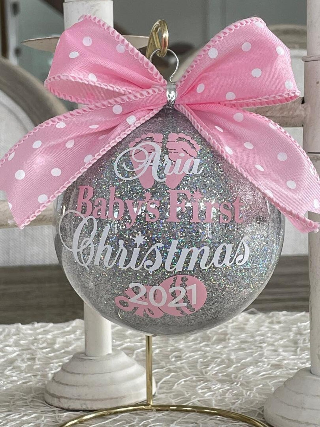 Personalized Baby's First Christmas Ornament: Silver Glitter, Light ...