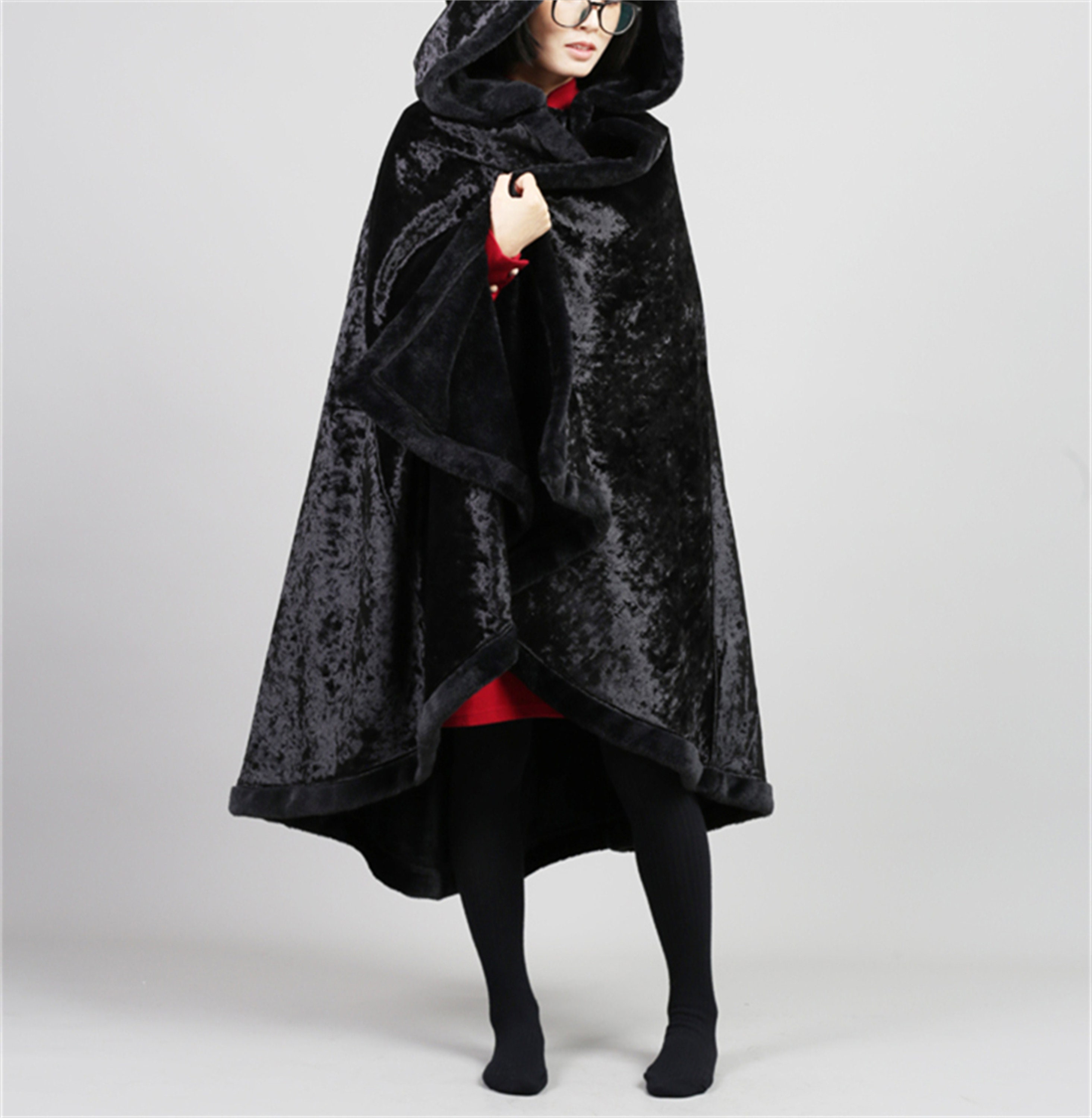 Black Long Magic Cloak, Winter Warm Plush Cape, Halloween Wizard Hooded ...