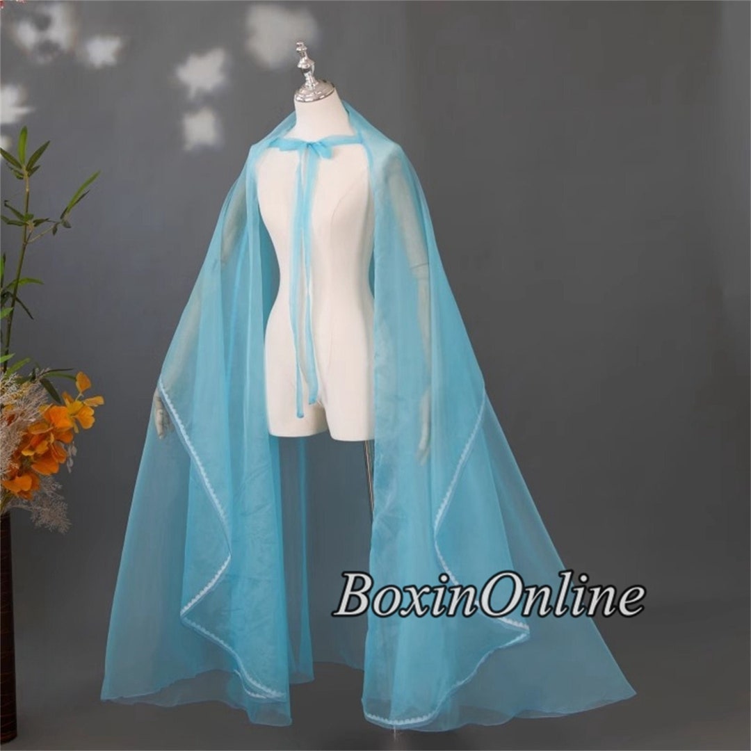 Romantic Blue Organza Adult Cape With Hood, White Lace-edged Blue Cloak ...