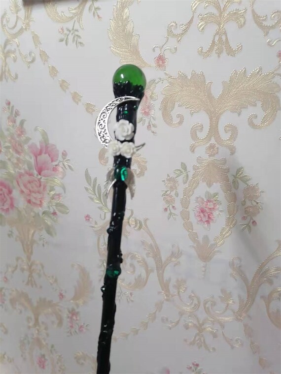 Green Crystal Magic Wand Moon White Flowers Wand Nature Wood - Etsy