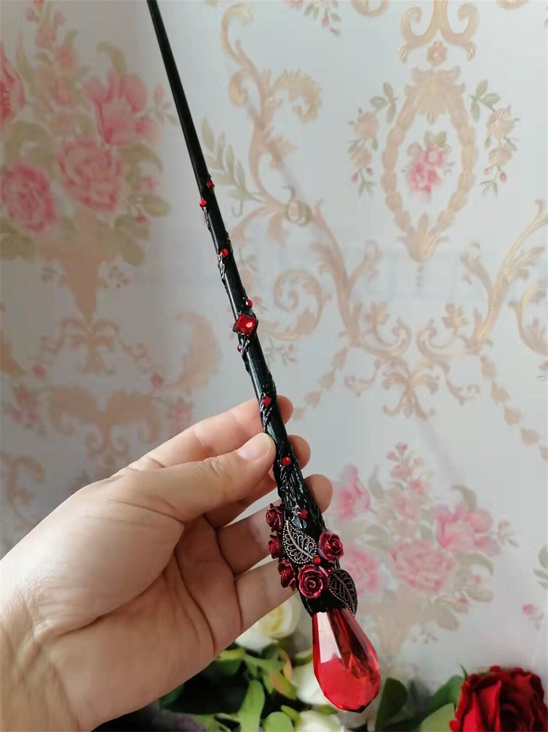 Rose Red Crystal Wand Wood Witch Wand Handmade Cosplay Wand - Etsy ...