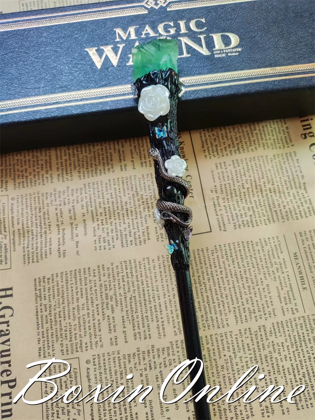 Green Crystal White Flowers Wand, Snake Halloween Witch Wand, High ...