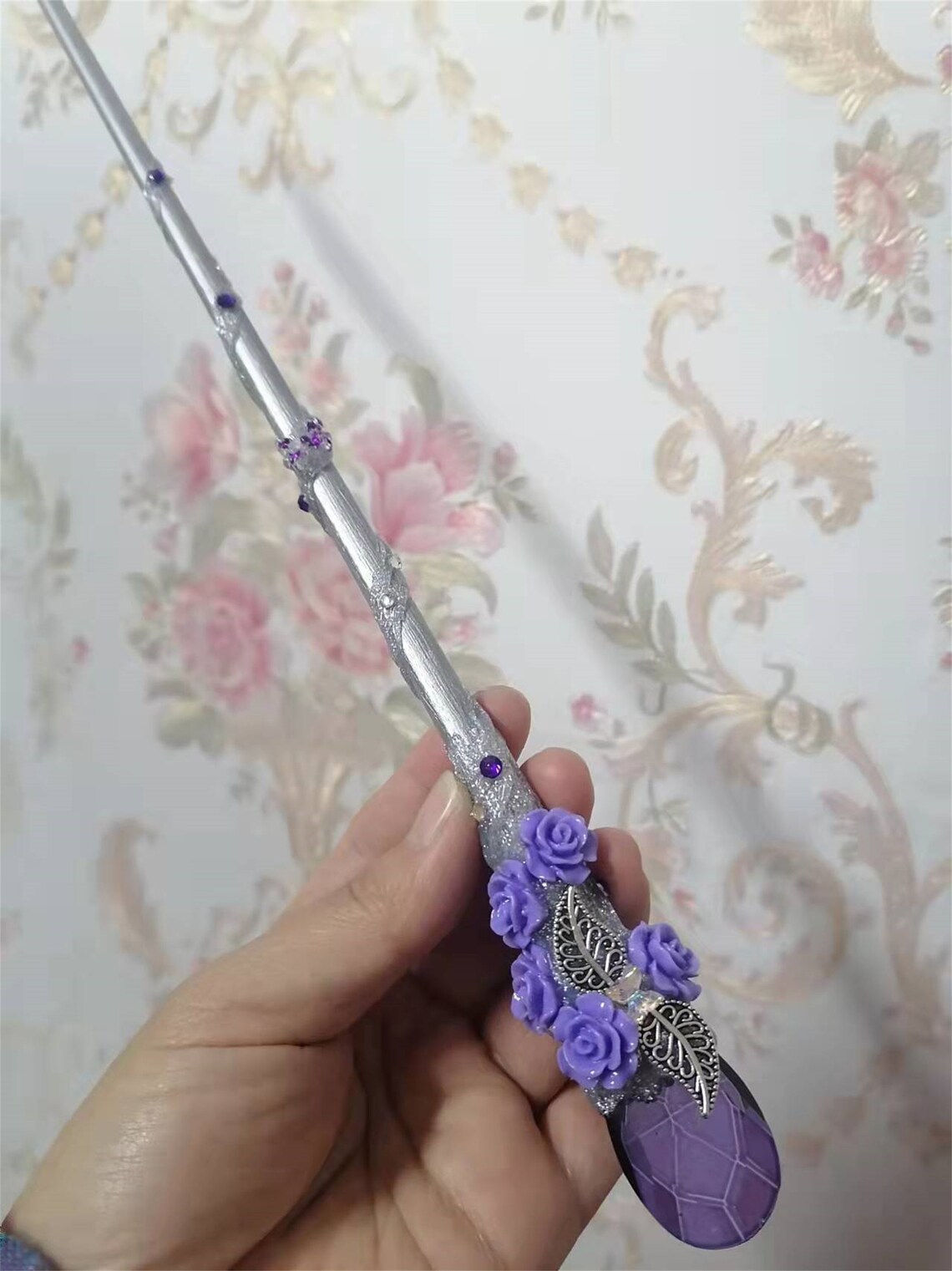 Purple Flowers Magic Wand, Handmade Crystal Wand, Halloween Wizard Wand ...
